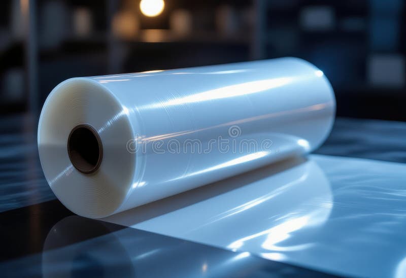 Transparent Roll of Plastic Film on a Reflective Surface Stock Image ...