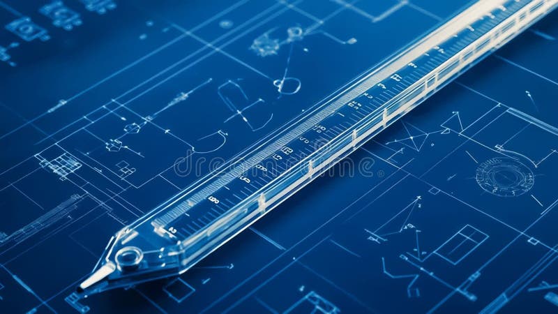 Transparent Ruler Lying on Blueprint Representing Engineering and ...