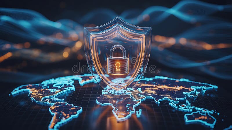 Glowing Shield Padlock Protecting Illuminated World Map Stock ...