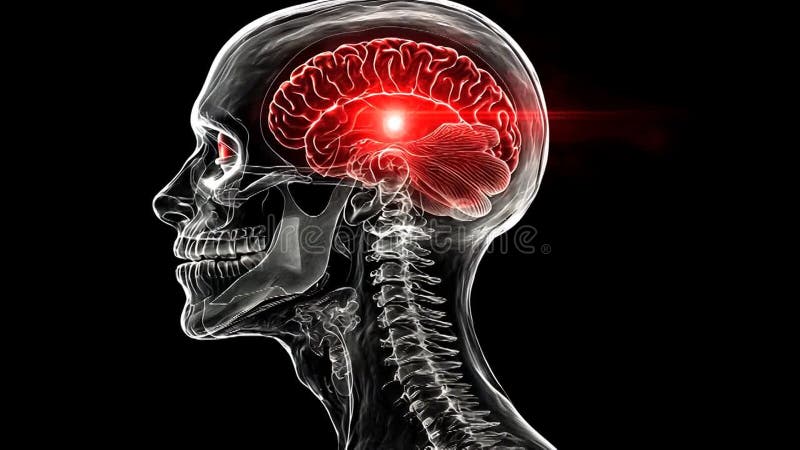 Transparent Skull Profile Revealing Red Brain and Highlighted Region of ...