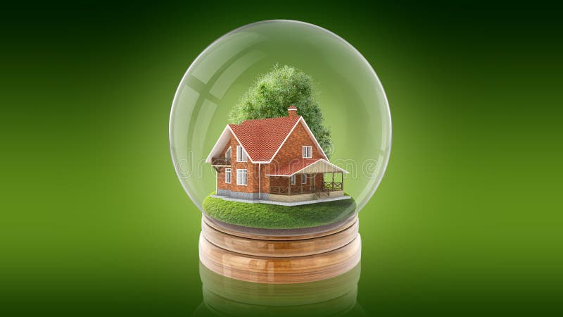 Transparent Sphere Ball with Wooden House Inside. 3D Rendering. Stock ...