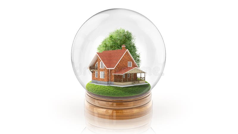 Transparent Sphere Ball with Wooden House Inside. 3D Rendering. Stock ...
