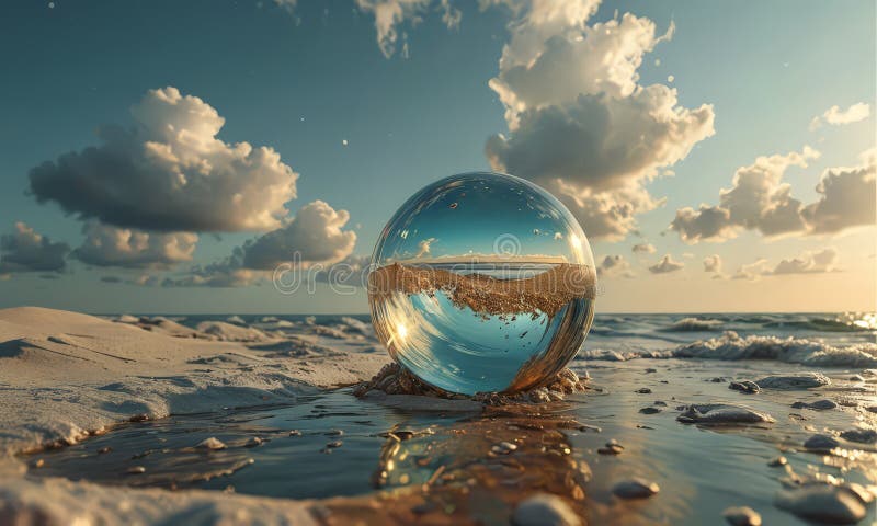 Transparent Sphere Captures Serene Beach Scene, with the Ocean and Sky ...