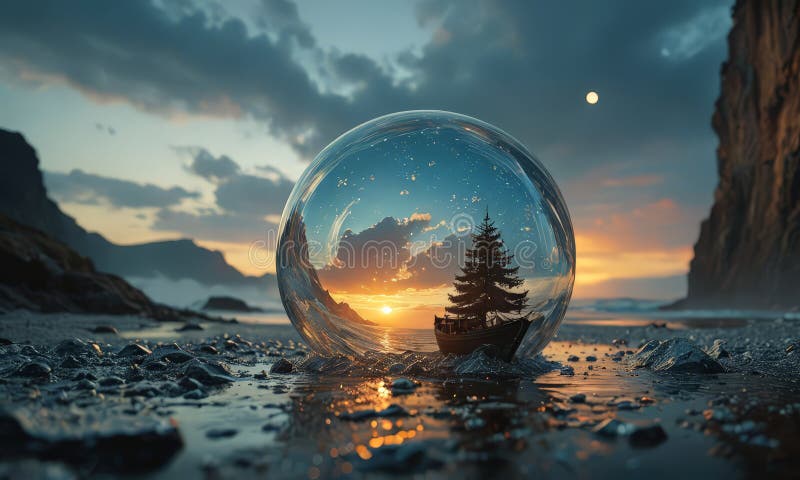 Transparent Sphere Captures Serene Beach Scene at Sunset, Featuring ...