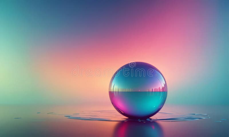 Transparent Sphere with Gradient Blue and Pink Hues Rests on Reflective ...
