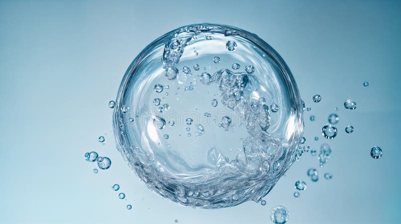 Transparent Sphere of Water with Air Bubbles Floating on Blue ...