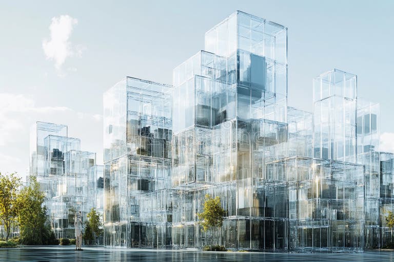 Transparent Structures Rise Against a Blue Sky, Showcasing Modern ...