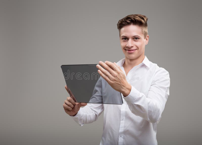 Transparent Tablet Showcased, Future Tech, Confident Smile Stock Photo ... Transparent Tablet Showcased, Future Tech, Confident Smile Stock Photo ...
