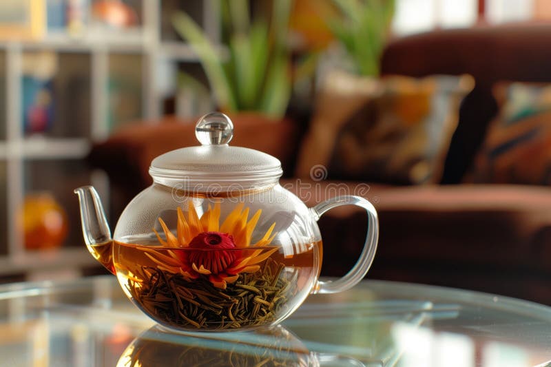 A Transparent Teapot with Blooming Flower Tea Inside on a Glass Table ...
