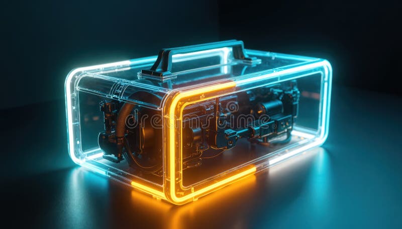 Transparent Toolbox with Neon Glowing Edges Modern High-tech Design. Futuristic Concept for Tech ...