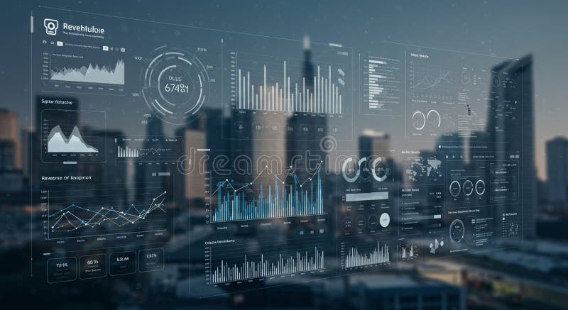 Transparent Virtual Data Interfaces Overlay an Urban Skyline, Depicting ...