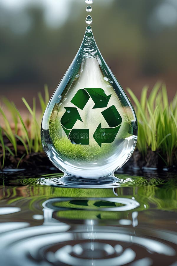 Transparent Water Drop with Natural Recycling Symbol and Bubbles on ...