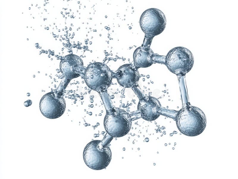 Transparent Water Molecule Structure with Splashes on White Background ...