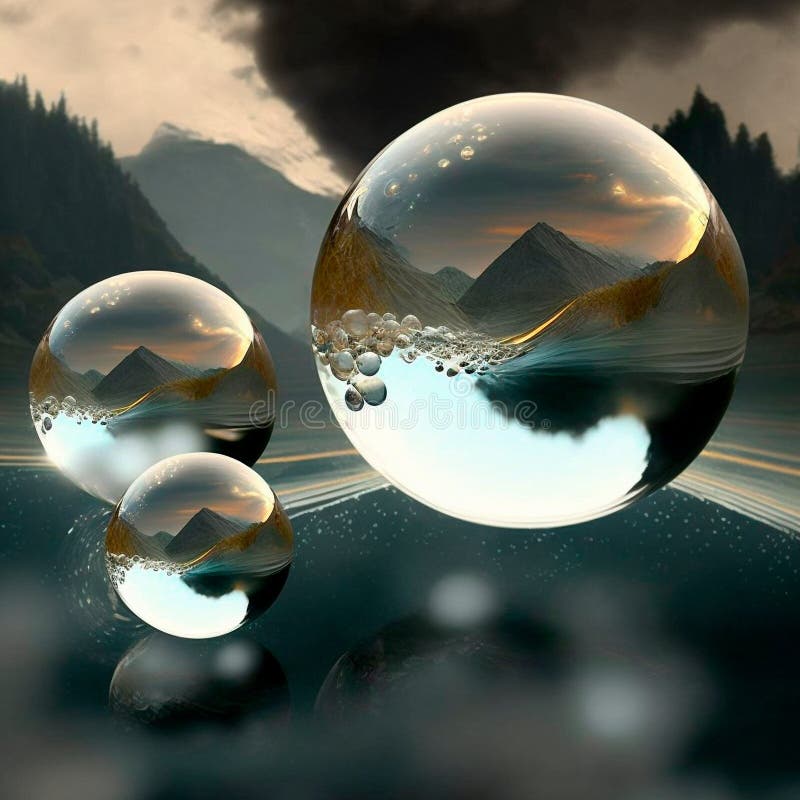 Transparent Water Spheres Against a Stunning Backdrop of Mountains and ...