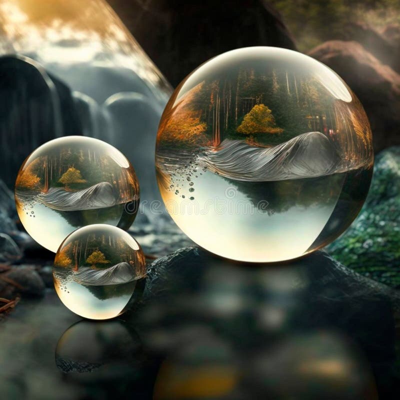 Transparent Water Spheres Against a Stunning Backdrop of Mountains and ...