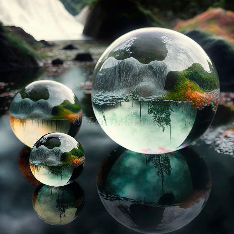 Transparent Water Spheres Against a Stunning Backdrop of Mountains and ...