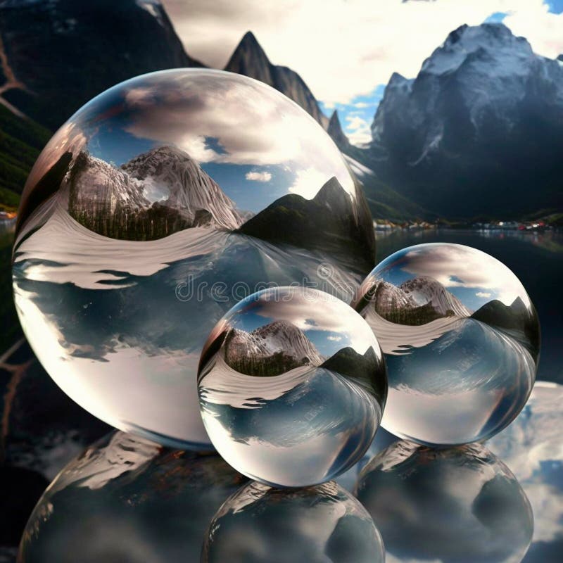 Transparent Water Spheres Against a Stunning Backdrop of Mountains and ...
