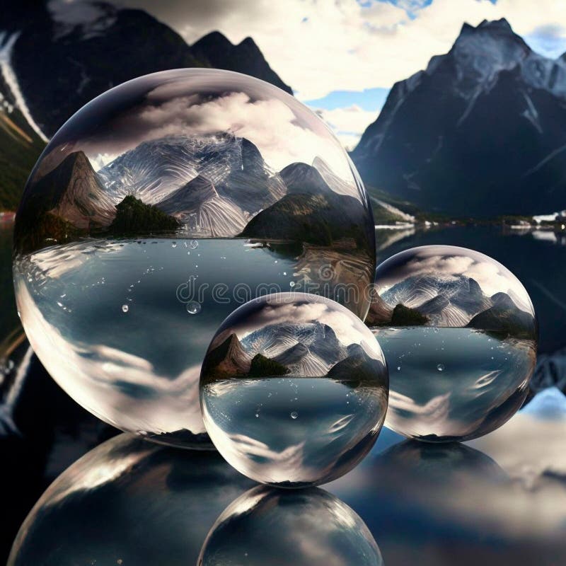 Transparent Water Spheres Against a Stunning Backdrop of Mountains and ...
