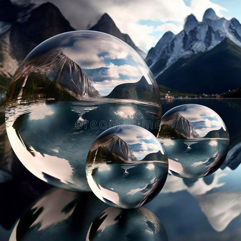 Transparent Water Spheres Against a Stunning Backdrop of Mountains and ...