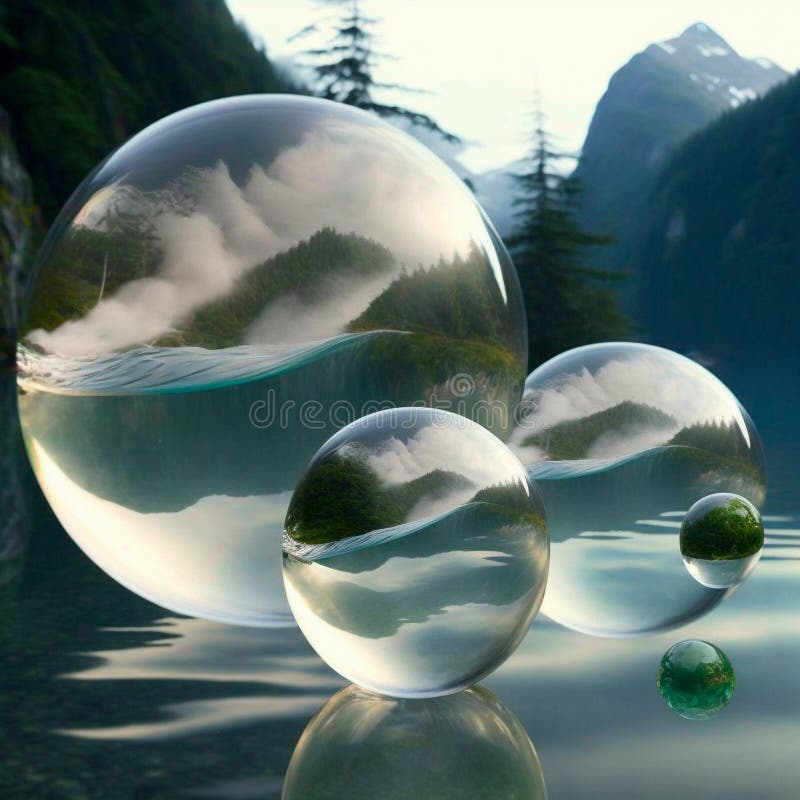 Transparent Water Spheres Against a Stunning Backdrop of Mountains and ...
