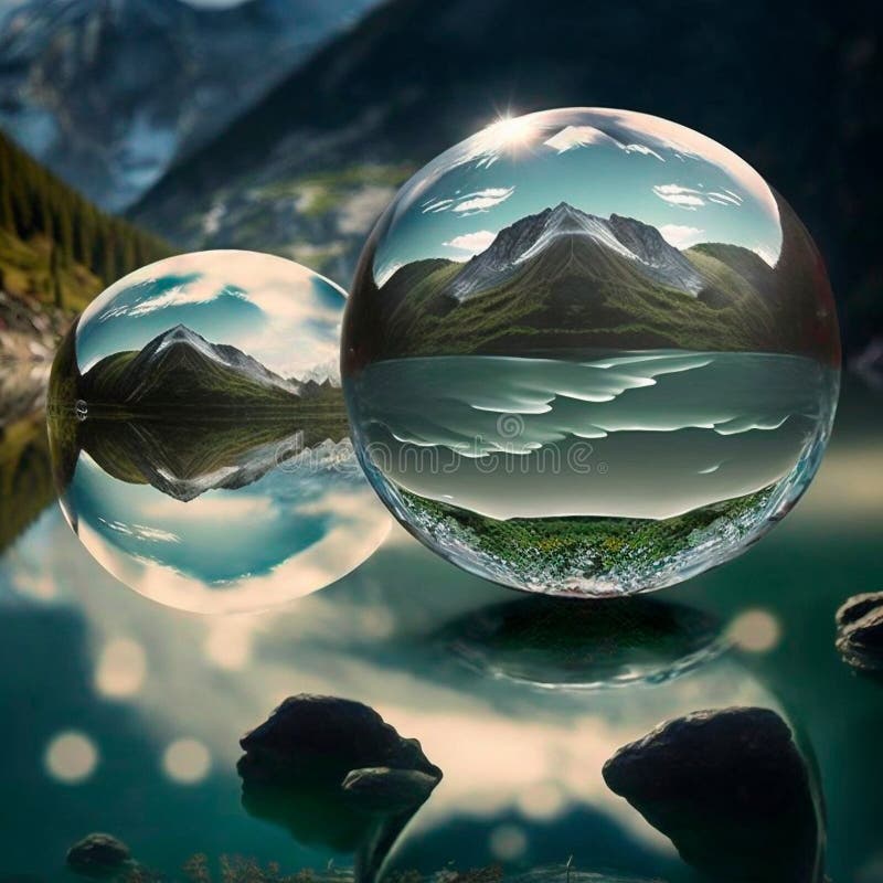 Transparent Water Spheres Against a Stunning Backdrop of Mountains and ...