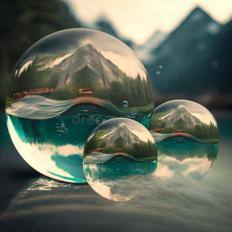 Transparent Water Spheres Against a Stunning Backdrop of Mountains and ...