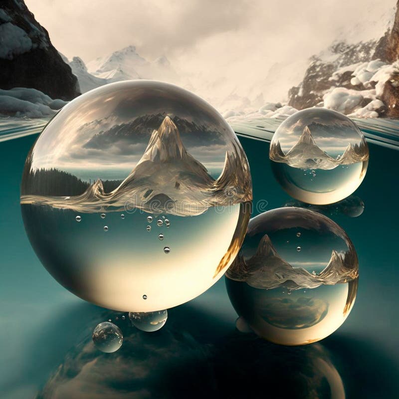 Transparent Water Spheres Against a Stunning Backdrop of Mountains and ...