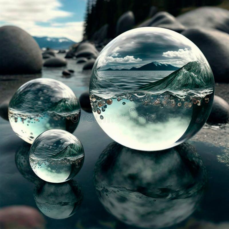 Transparent Water Spheres Against a Stunning Backdrop of Mountains and ...
