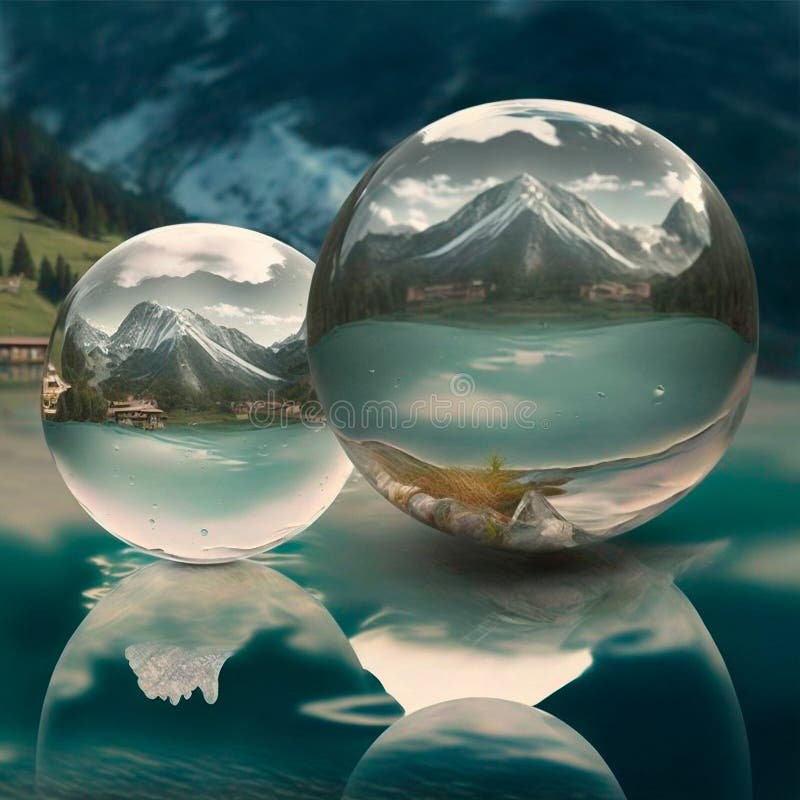 Transparent Water Spheres Against a Stunning Backdrop of Mountains and ...