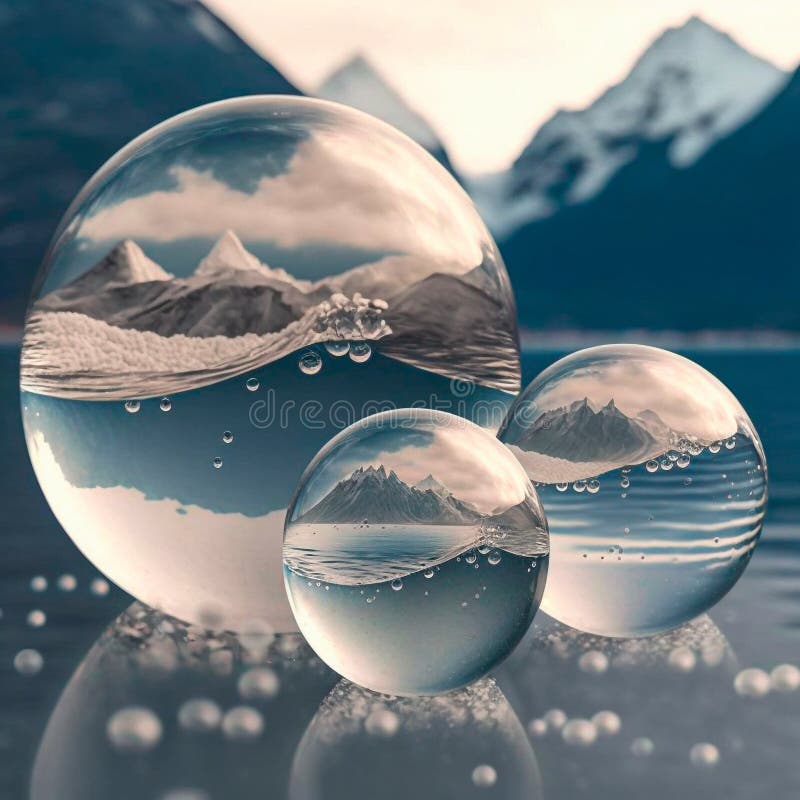Transparent Water Spheres Against a Stunning Backdrop of Mountains and ...