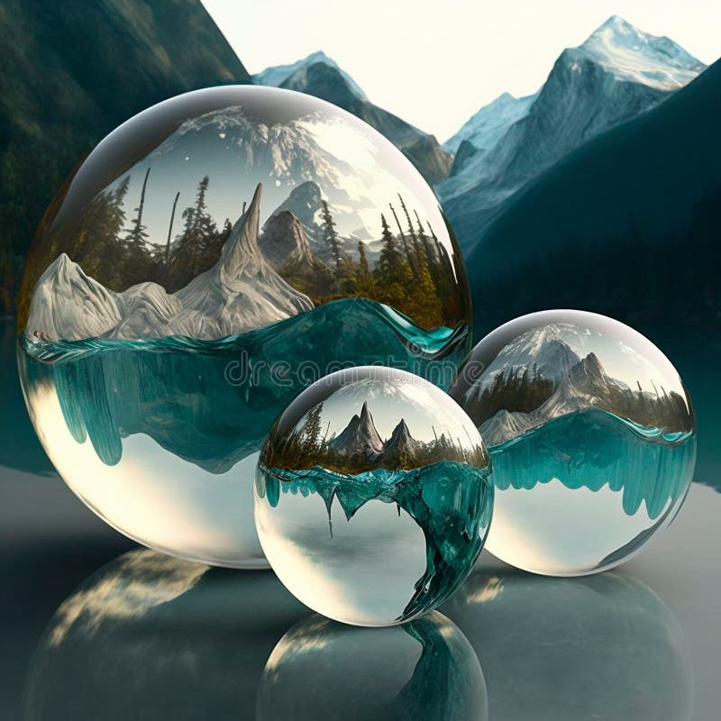 Transparent Water Spheres Against a Stunning Backdrop of Mountains and ...