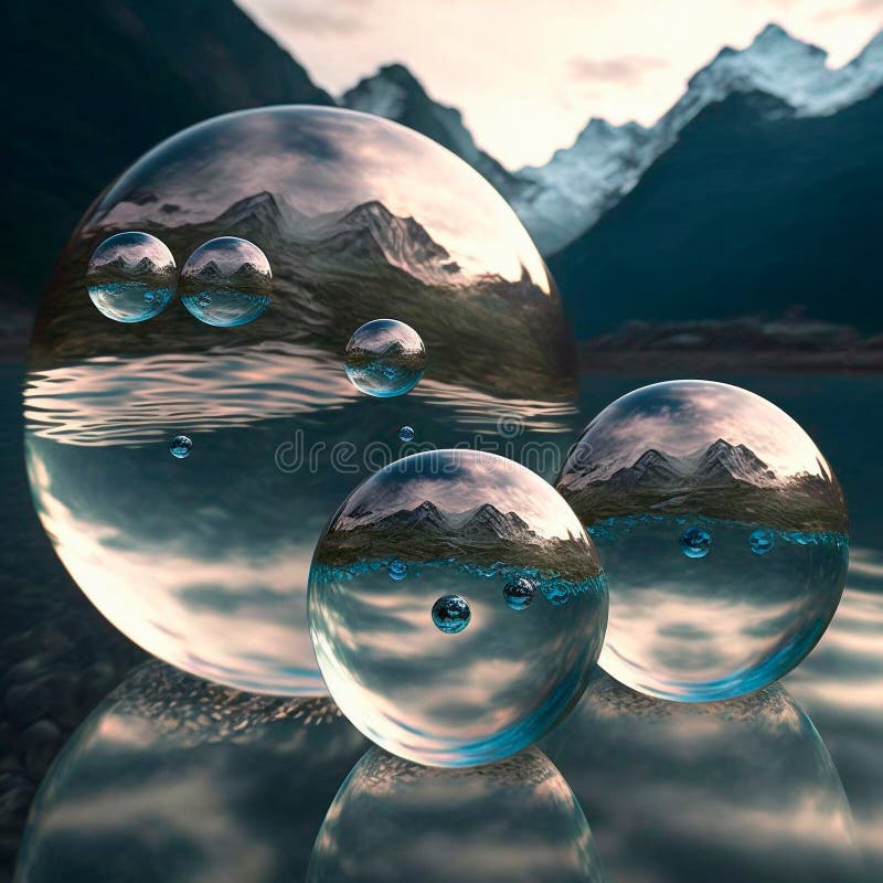 Transparent Water Spheres Against a Stunning Backdrop of Mountains and ...