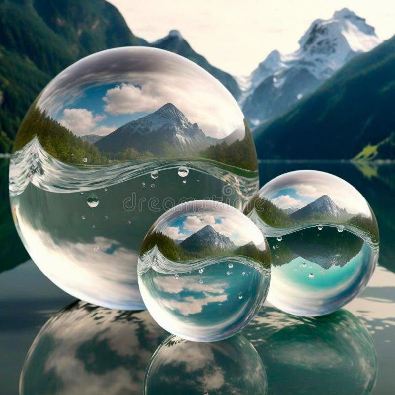 Transparent Water Spheres Against a Stunning Backdrop of Mountains and ...