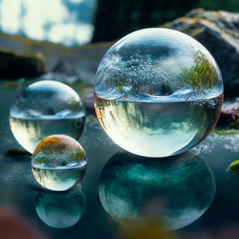 Transparent Water Spheres Against a Stunning Backdrop of Mountains and ...