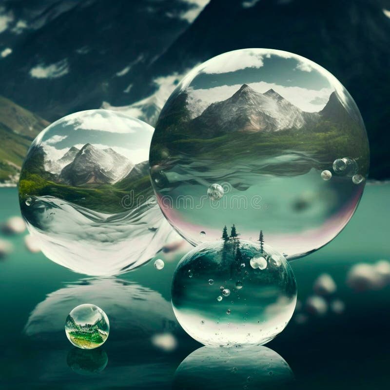 Transparent Water Spheres Against a Stunning Backdrop of Mountains and ...