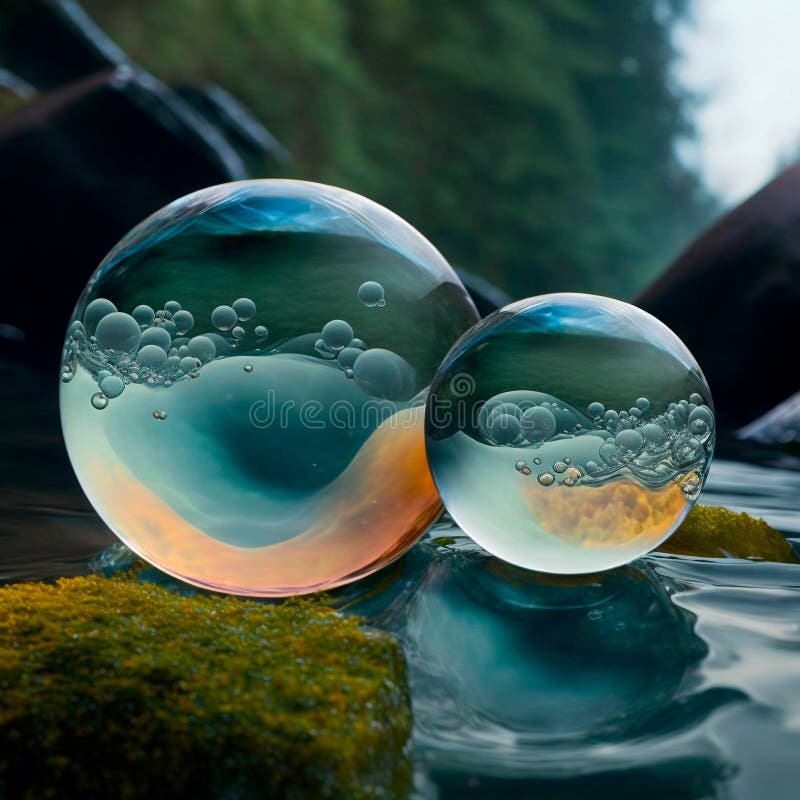 Transparent Water Spheres Against a Stunning Backdrop of Mountains and ...