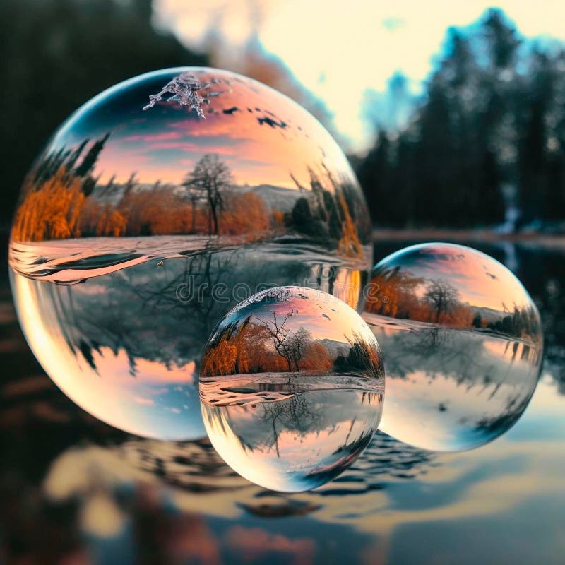 Transparent Water Spheres Against a Stunning Backdrop of Mountains and ...