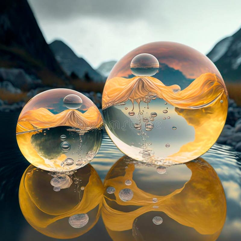 Transparent Water Spheres Against a Stunning Backdrop of Mountains and ...