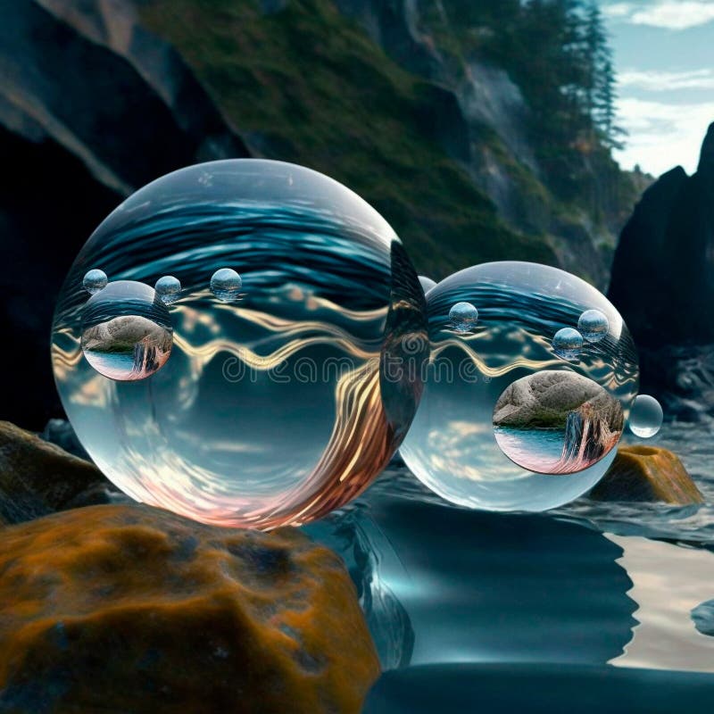 Transparent Water Spheres Against a Stunning Backdrop of Mountains and ...