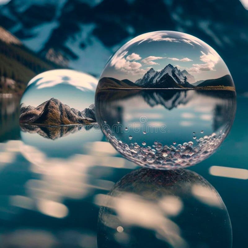 Transparent Water Spheres Against a Stunning Backdrop of Mountains and ...