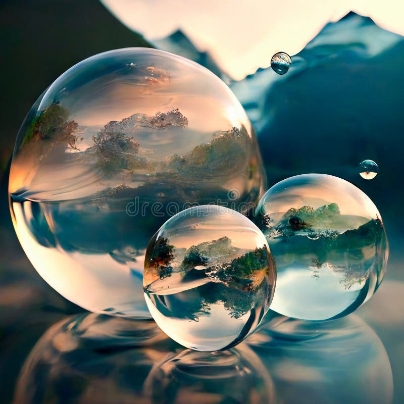 Transparent Water Spheres Against a Stunning Backdrop of Mountains and ...