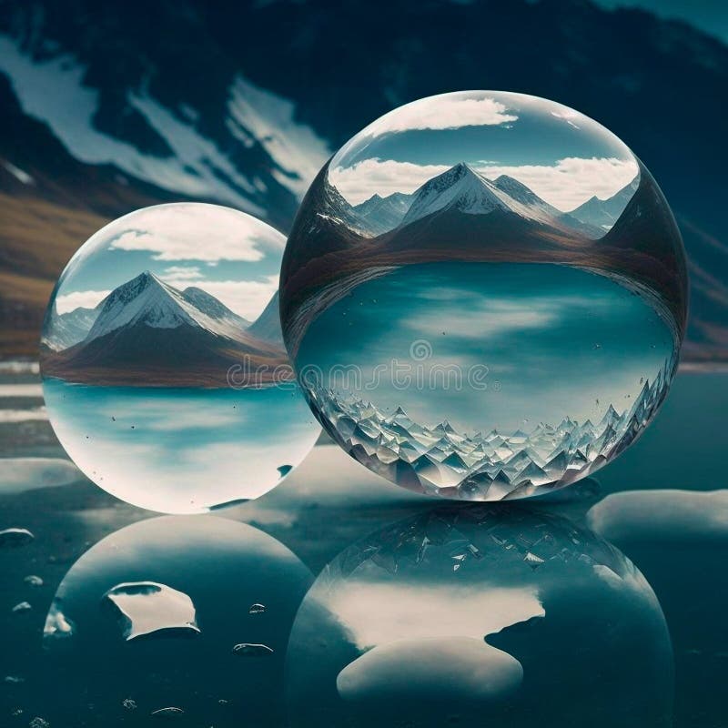 Transparent Water Spheres Against a Stunning Backdrop of Mountains and ...