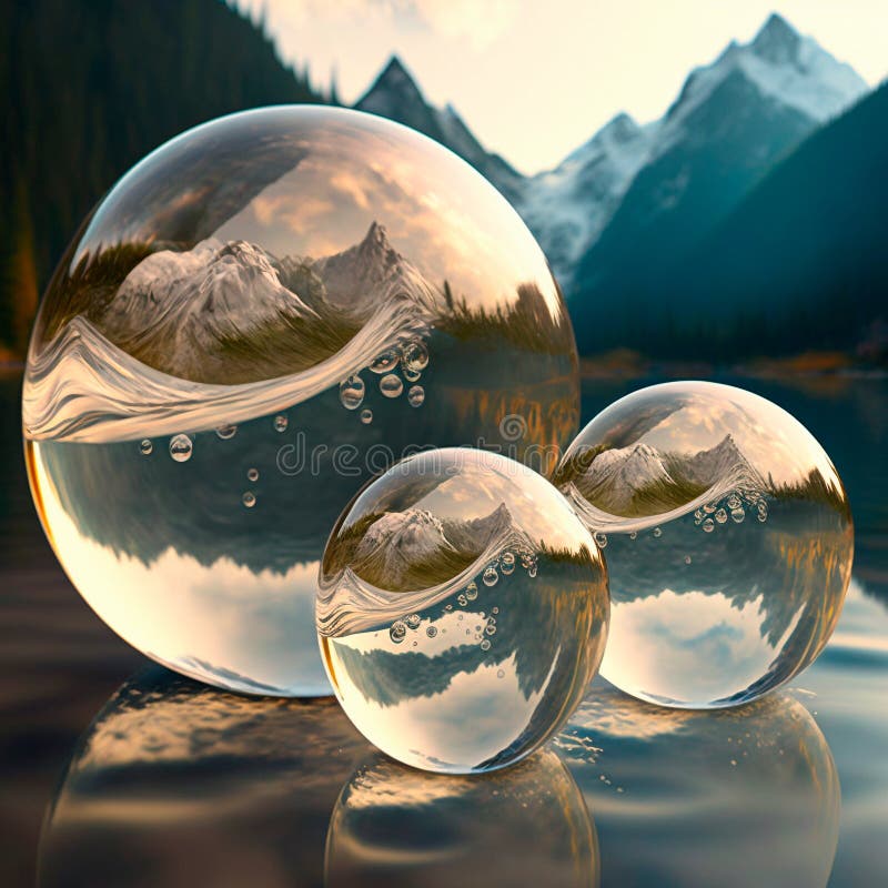 Transparent Water Spheres Against a Stunning Backdrop of Mountains and ...