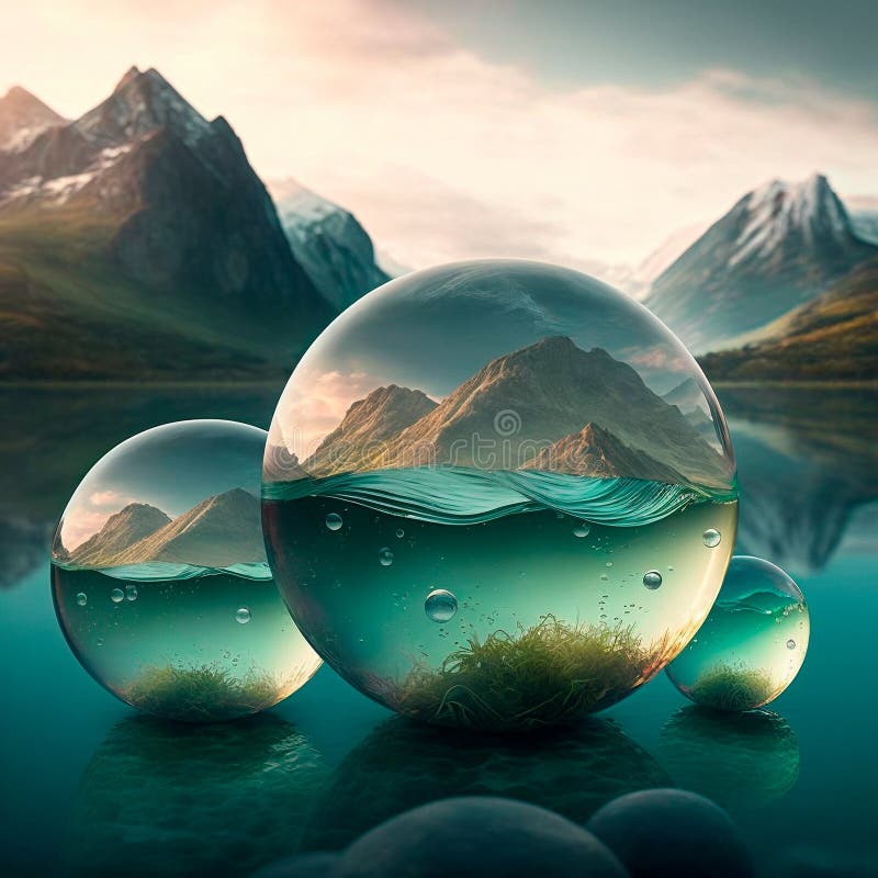 Transparent Water Spheres Against a Stunning Backdrop of Mountains and ...