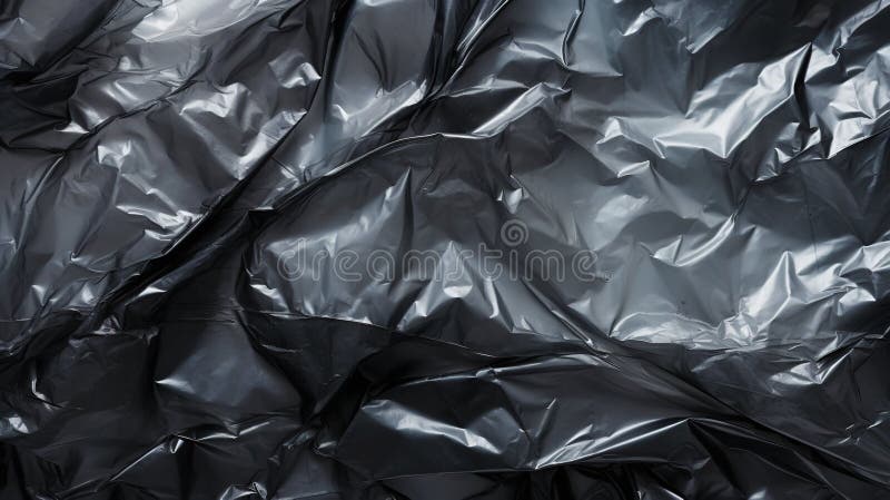 Transparent Wrinkled Plastic Wrap on Black Background. Crumpled Dark ...