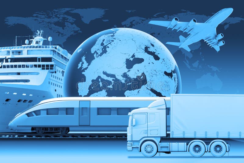 Transport with Earth and World Map on Blue Stock Illustration ...