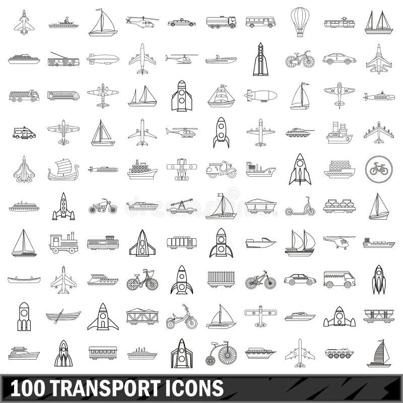 100 Transport Icons Set, Outline Style Stock Vector - Illustration of ...