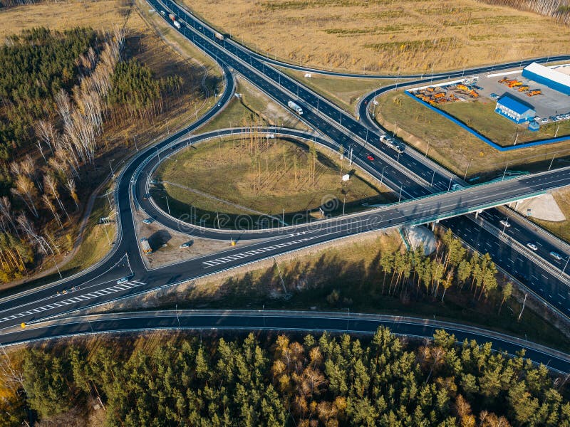 Transport Junction in Autumn Day, Aerial View from Drone Stock Image ...