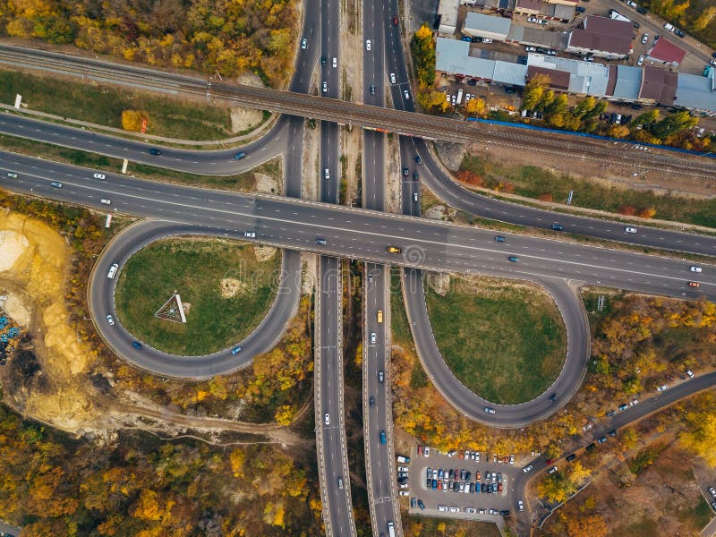 Transport Junction in Autumn, Top View from Drone Point of View Stock ...