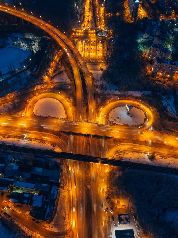 Transport Junction in Winter Night, Top View from Drone Stock Photo - Image of junction, light ...